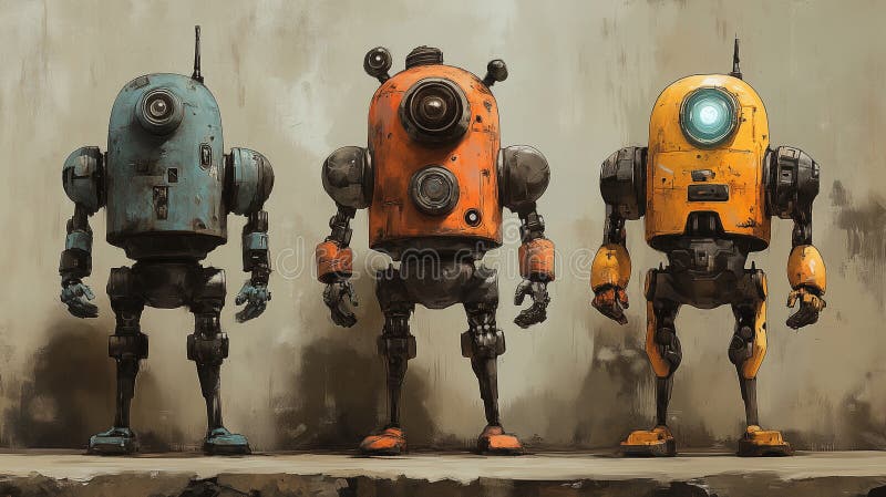 Robots in Vibrant Colors Stand Against Textured Wall, Showcasing Unique ...