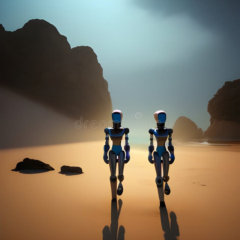 Robots Walking at the Beach Stock Illustration - Illustration of ...