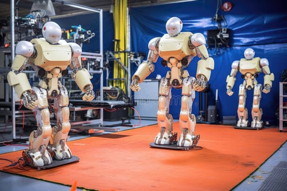 Robots Warming Up on a Gymnastics Mat Stock Photo - Image of artificial ...