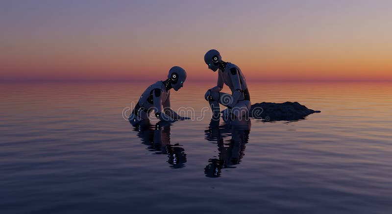 Robots in Water Contemplating the Sunset Reflecting on the Water ...