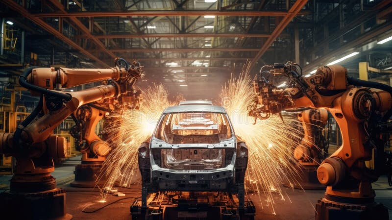 Robots Welding in Automobile Assembly Line Production. Heavy Industry ...