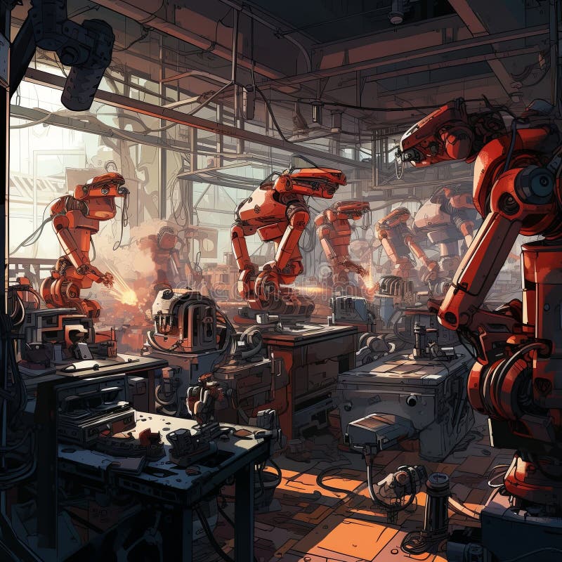 Robots Welding in Modern Factory, Rusty Workshop, Industry 4.0 ...