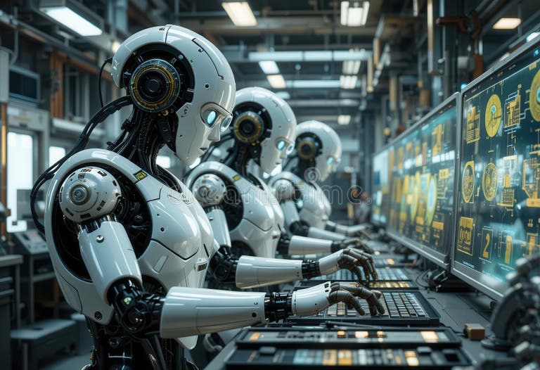 Robots Work in a High-tech Control Room during a Busy Shift Stock ...
