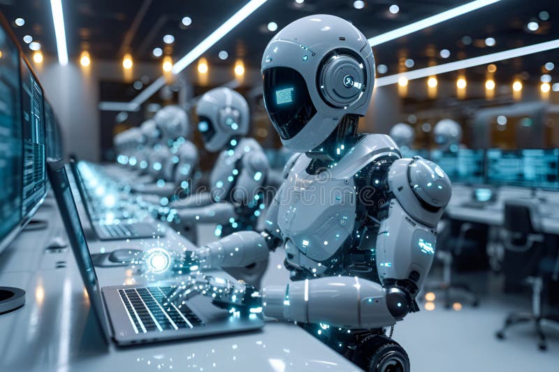 The Robots Work on a Laptop . Together Work, Technology Concept Stock ...