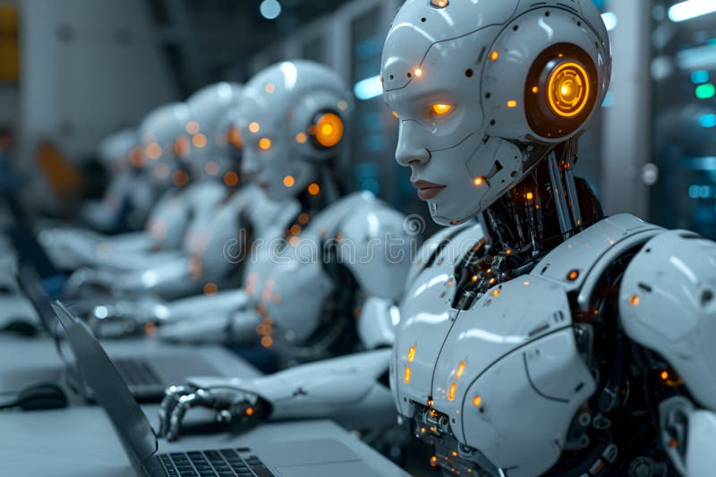 The Robots Work on a Laptop . Together Work, Technology Concept Stock ...