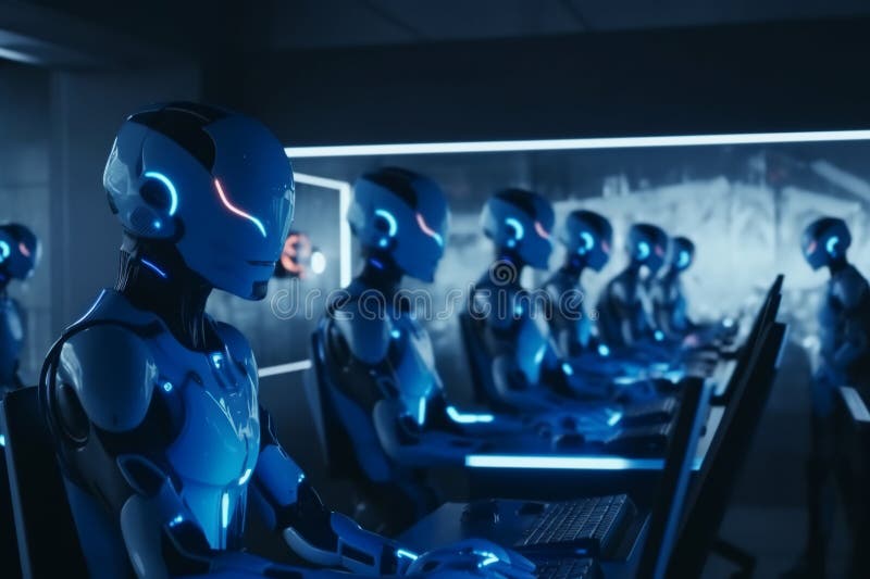 Robots Work in the Office at the Computer. Help Center. Ai Generative ...