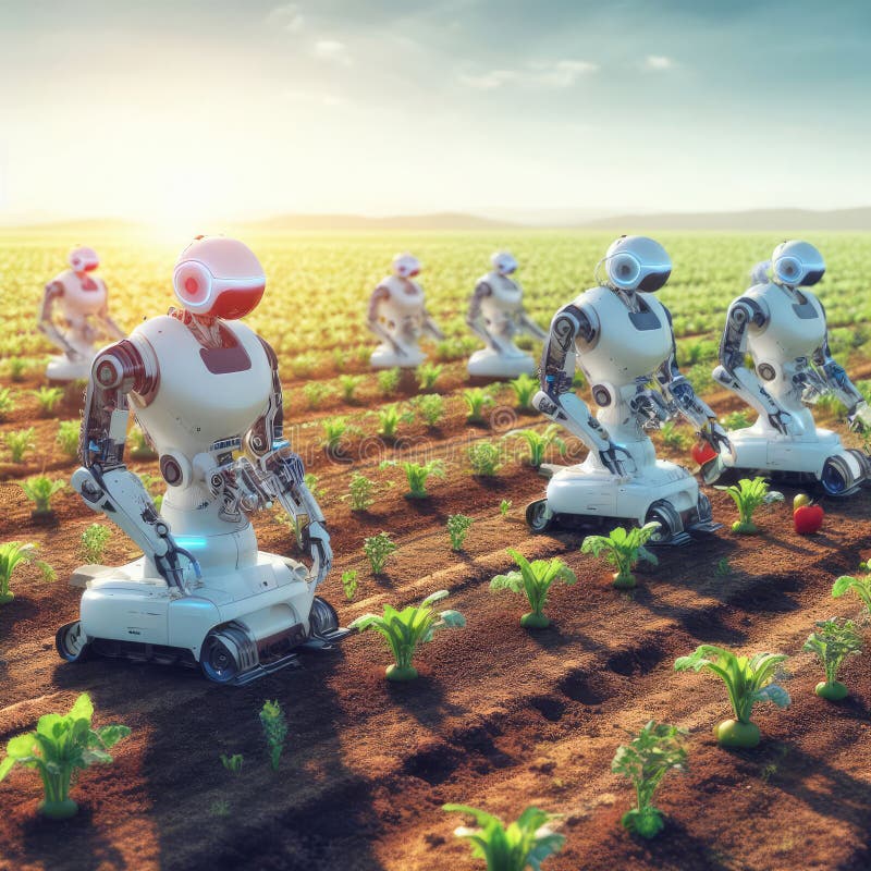 Robots Work in the Vegetable Field Stock Illustration - Illustration of ...