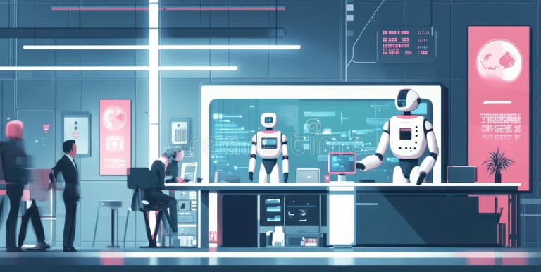 Robots Working Alongside Humans in a Modern Tech Workspace Stock Photo ...