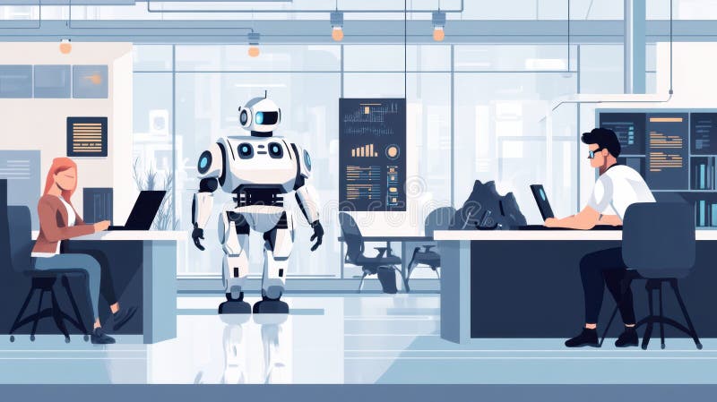 Robots Working Alongside Humans in a Modern Tech Workspace Stock Image ...