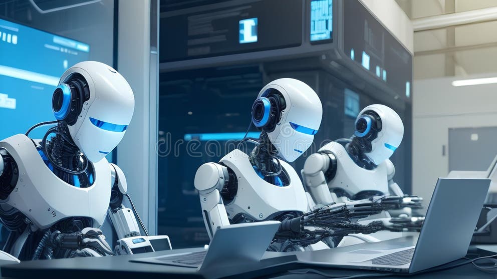 Robots Working Alongside People Typing on Computers Stock Illustration ...