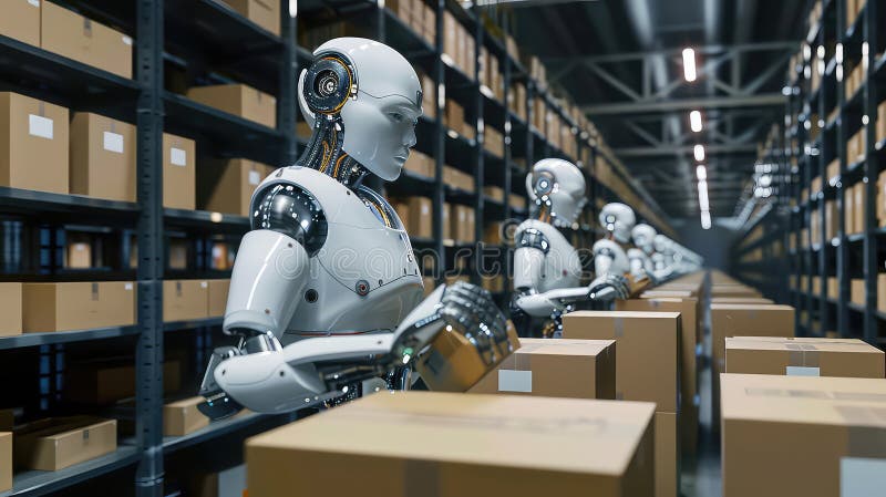 Robots Working In Automated Warehouse Handling Tasks Efficiently Generated With Ai Stock