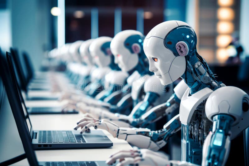 Robots Working in a Call Center or Hotline with Headset and Laptop ...