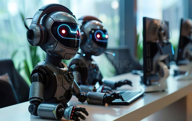 Robots Working in Call Center Modern Office. AI Centered World Concept ...