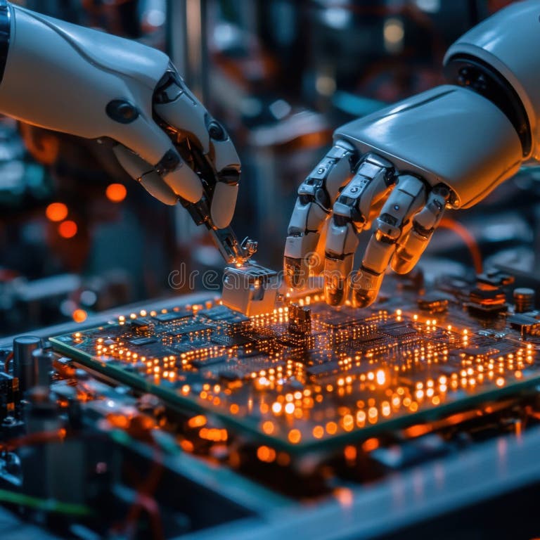 Robots Working with Circuit Board Technology in a Modern Setting Stock ...