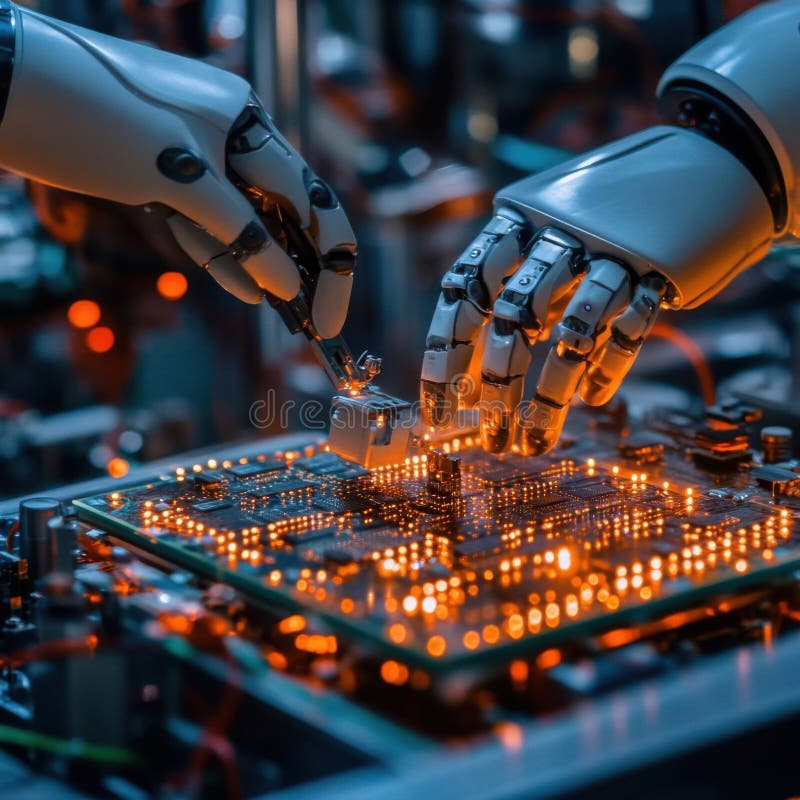 Robots Working with Circuit Board Technology in a Modern Setting Stock ...