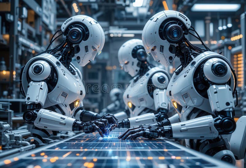 Robots Working Collaboratively in a Futuristic Factory Setting Stock Photo - Image of fiction ...