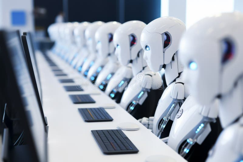 Robots Working Computer Monitor Artificial Intelligence Cyborg Team Automatic Machine Office ...