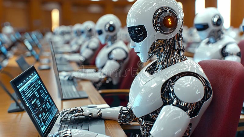 Robots Working on Computers in a Modern Office during Daylight Hours ...