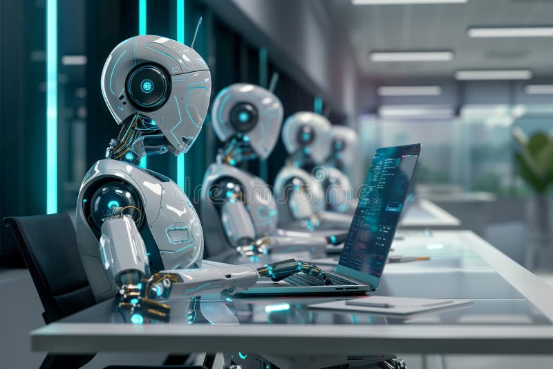 Robots Working on Laptop. AI Usage in Work Place Stock Image - Image of ...