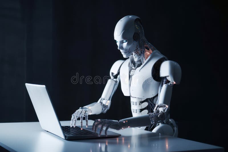 AI Cyborg Android Robot Working with Laptop in Office. Chat GPT ...