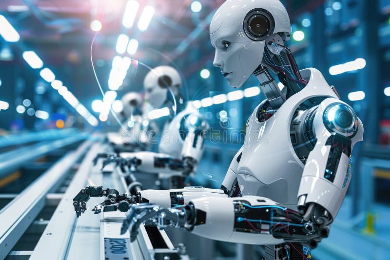 Robots Working at Manufacturing Production Factory. Futuristic Androids ...