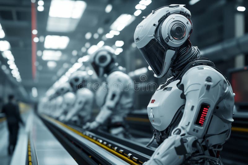 Robots Working in Modern Factory with Conveyor Belt, Technology Concept ...