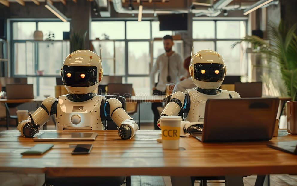 Robots Working in the Office Together. AI Centered World Concept Stock ...