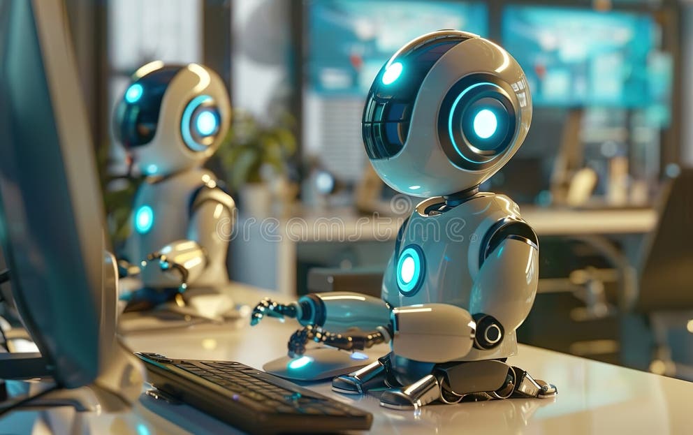 Robots Working in the Office Together. AI Centered World Concept Stock ...