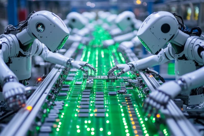 Robots Working on a Production Line with Glowing Green Lights Stock ...