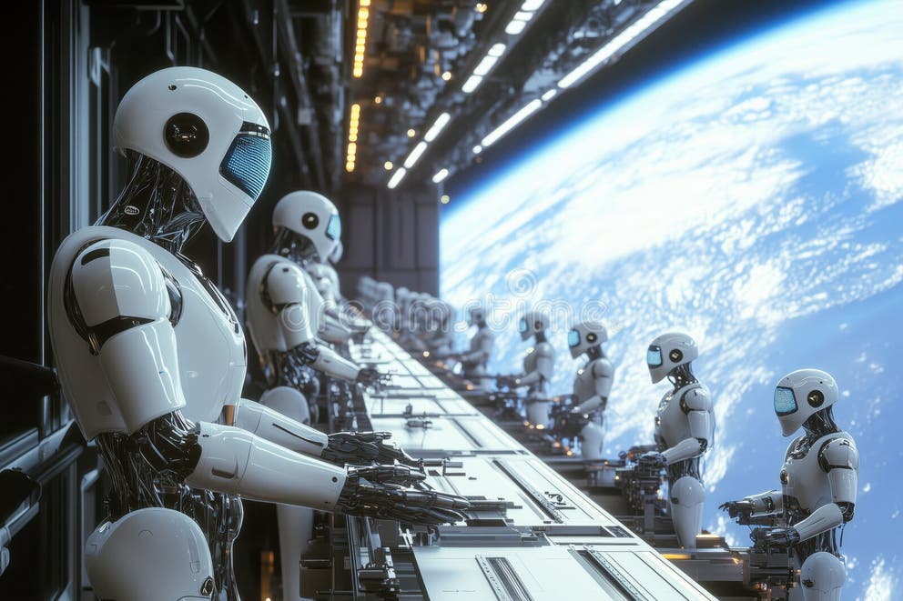 Robots Working on Space Station with Earth in Background Stock Image ...