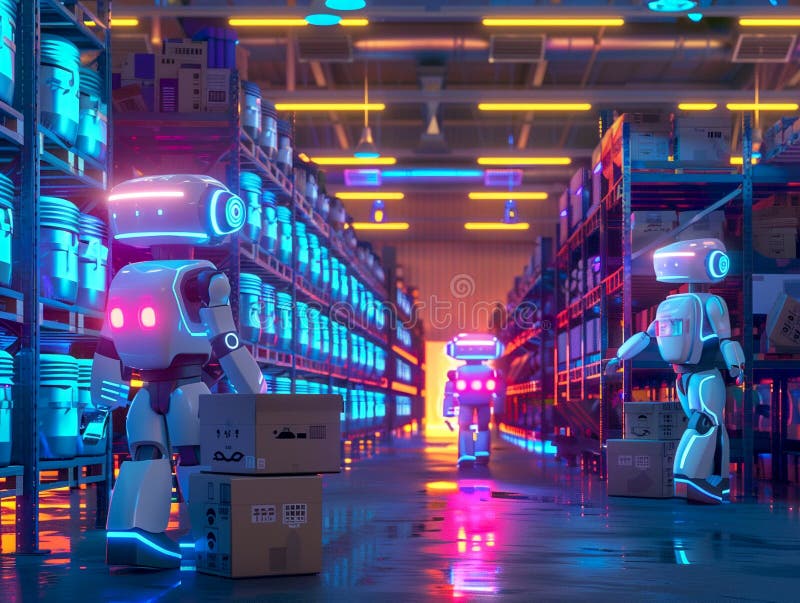 Robots Working in a Warehouse at Night Stock Illustration ...