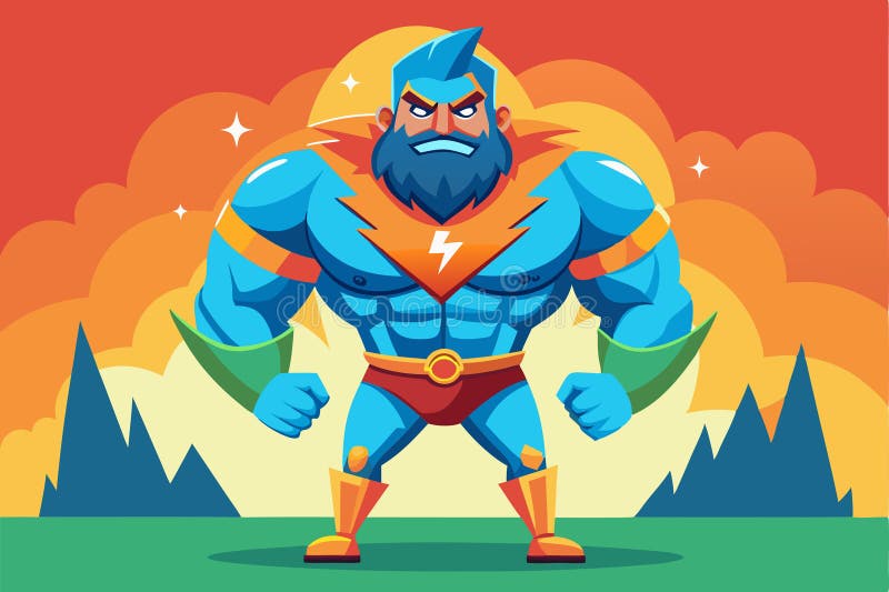 A Robust Cartoon Superhero Flexes Muscles with an Intense Expression in ...
