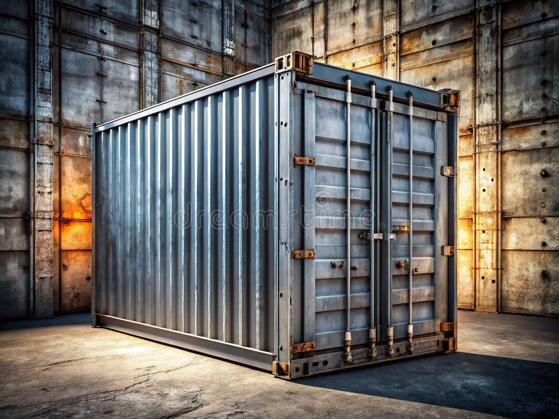 Robust Gray Shipping Container Against a Textured Concrete Wall a ...