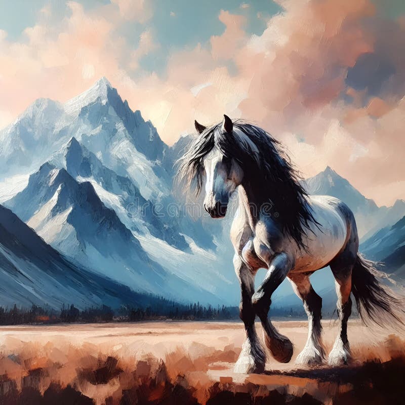 A Robust Horse Captured in a Rugged, Mountainous Terrain Under a Vivid ...