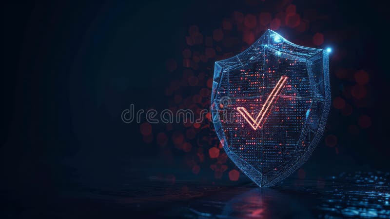 Robust Security Assurance Dark Blue Wireframe Shield with Checkmark ...