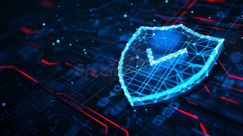 Robust Security Assurance Dark Blue Wireframe Shield with Checkmark ...