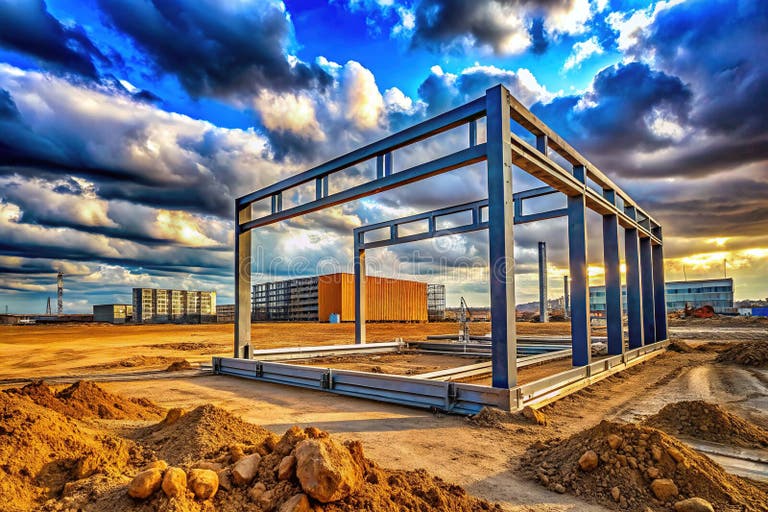 Robust Steel Construction Frame on a Busy Building Site a Foundation ...