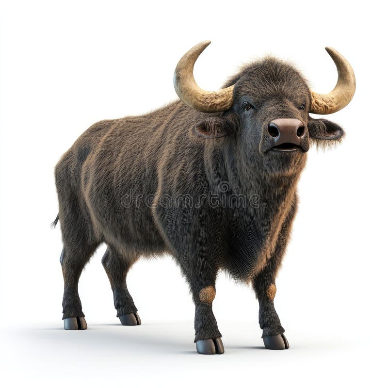 Powerful Dark Brown Yak with Long Horns, Standing Isolated on White ...