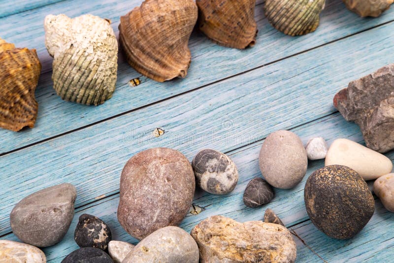 Rochas E Conchas Sobre Um Tema Marinho De Fundo De Madeira Azul Imagem ...