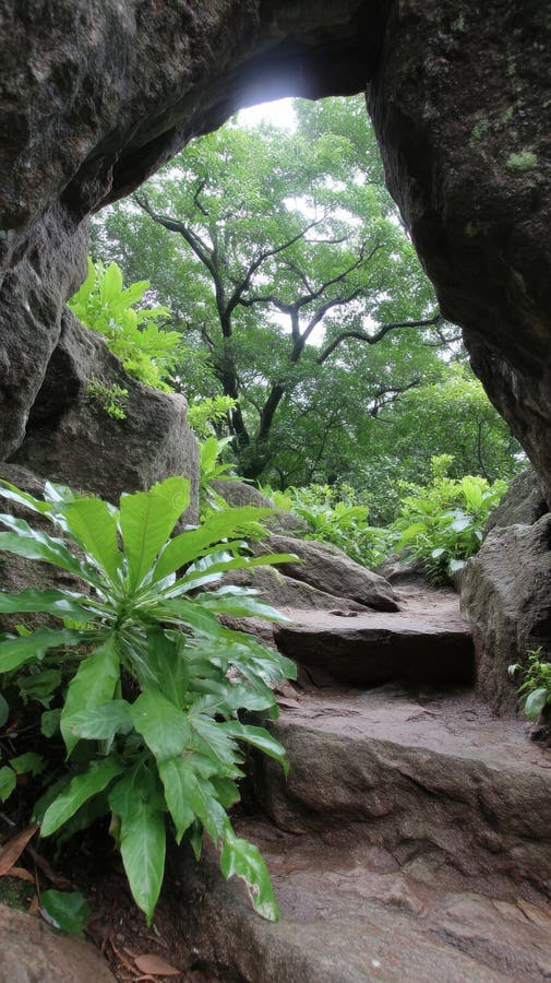Rock Archway Framing Forest Trail and Lush Greenery, Natural Stone ...