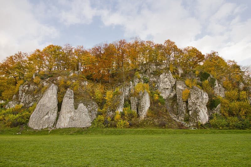 Rock in an autumn forest stock photo. Image of blue - 313811866