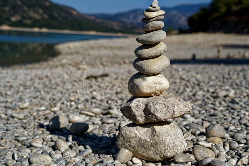 Rock Balancing by the Beach of a River Stock Image - Image of activity ...