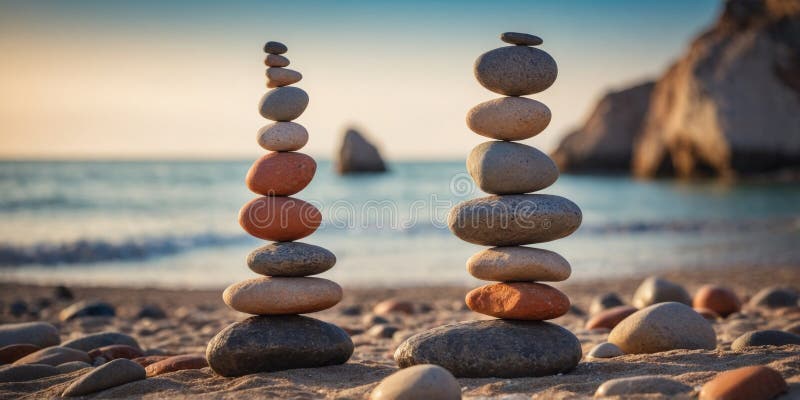 Rock Balancing at Beach Stones Piled in Balanced Stacks in Front of ...