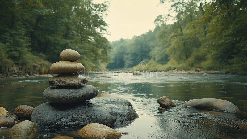 Rock Balancing on River, Stone Stacking, Balance and Wellness, Tranquility Mood and Calm Image ...