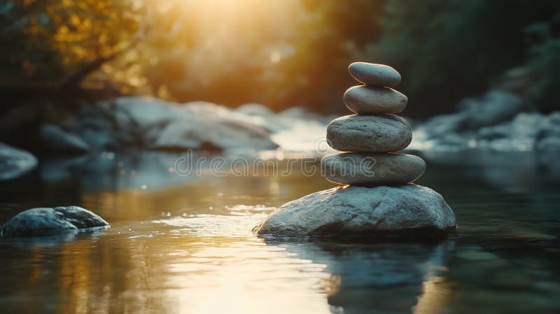 Rock Balancing on River, Stone Stacking, Balance and Wellness, Tranquility Mood and Calm Image ...