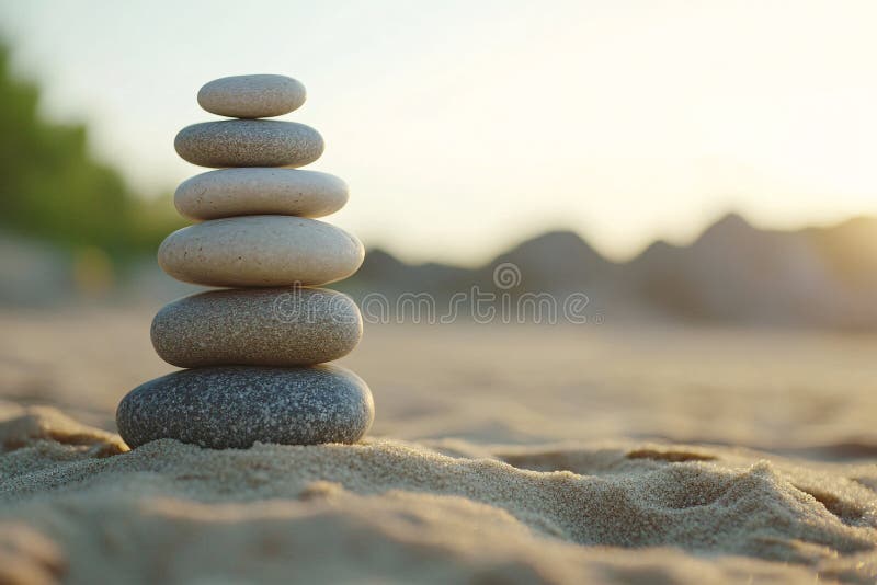 Rock Balancing. Stack of Stones in Balance in Front of Blurry Beach ...