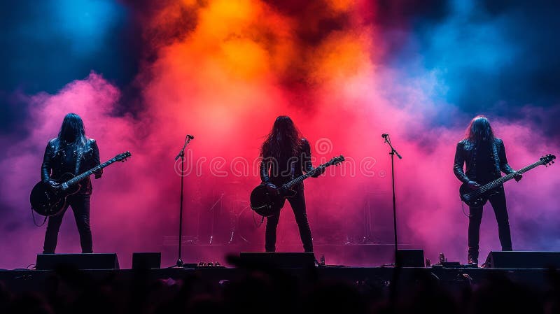 Rock Band Performing on Stage with Dramatic Lighting and Smoke Effects ...