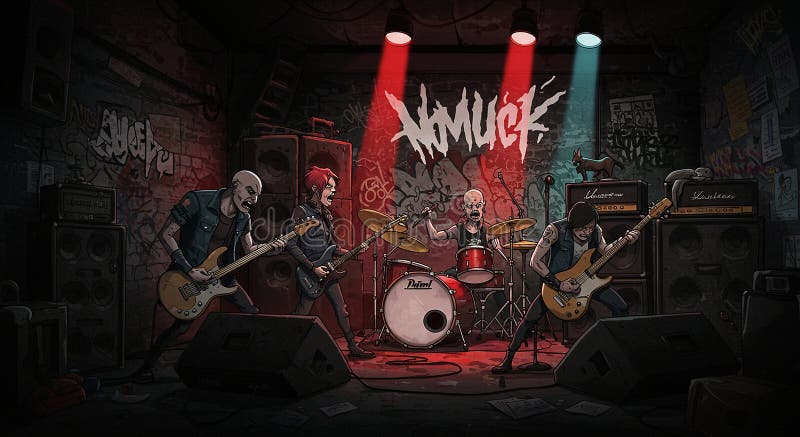 A Rock Band Performs in a Dimly Lit, Graffiti-covered Venue. Four ...