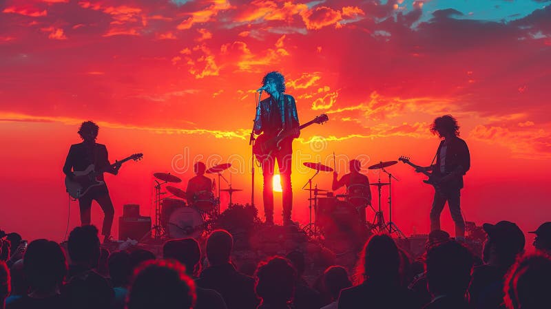 A Rock Band Performs in Front of a Large Crowd at Sunset Stock ...
