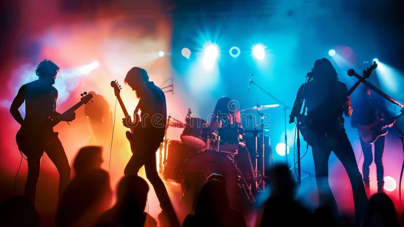 A Rock Band Performs on Stage, Illuminated by Bright Stage Lights. the ...